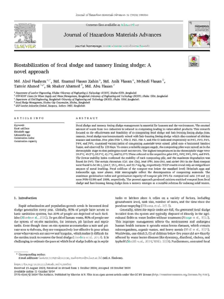 Biostabilization of fecal sludge and tannery liming sludge: A novel ...